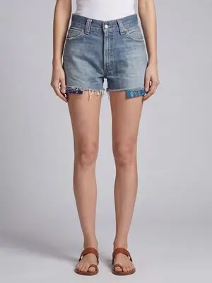 HTC LOS ANGELES High-waisted Shorts With Frayed Hem And Bandana Motif - Denim