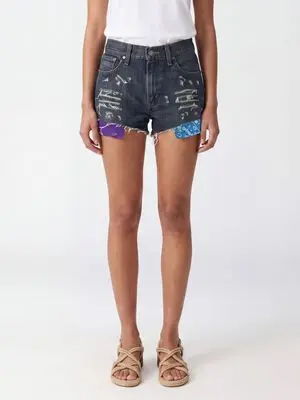 HTC LOS ANGELES Mid-rise Distressed Denim Shorts With Bandana Motif - Blue