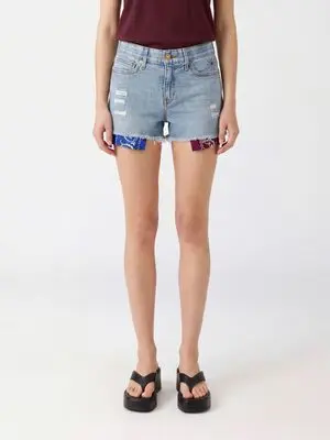 HTC LOS ANGELES High-waisted Studded Shorts With Frayed Hem - Denim
