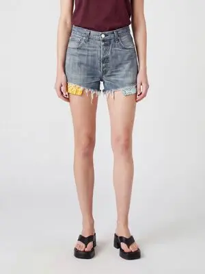 HTC LOS ANGELES High-waisted Shorts With Bandana Embroidery And Frayed Hem - Denim