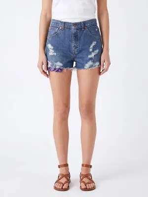 HTC LOS ANGELES High-waisted Distressed Shorts With Raw Hem - Denim