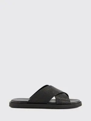 FERRAGAMO Gancini Embossed Calfskin Leather Slide Sandals - Black