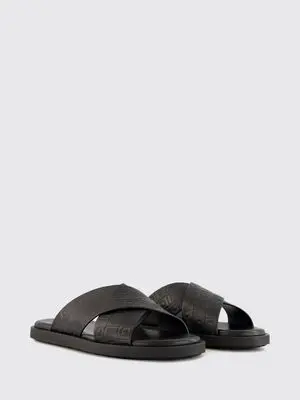 FERRAGAMO Gancini Embossed Calfskin Leather Slide Sandals