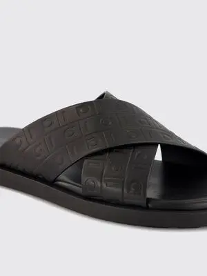 FERRAGAMO Gancini Embossed Calfskin Leather Slide Sandals