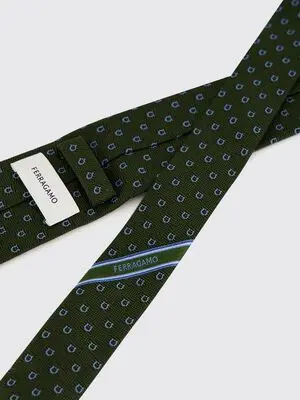 FERRAGAMO All-over Gancini Monogram Pattern Pure Silk Tie - Green