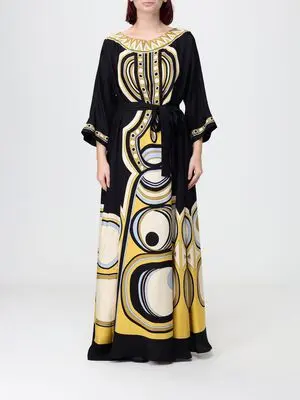 La DoubleJ Ethnic Print Silk Long Evening Gown With A Tie-waist Belt - Black