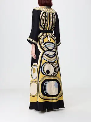 La DoubleJ Ethnic Print Silk Long Evening Gown With A Tie-waist Belt