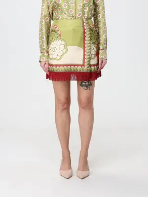 La DoubleJ Foulard Floral Embroidered Silk Mini Skirt With Fringes - Green