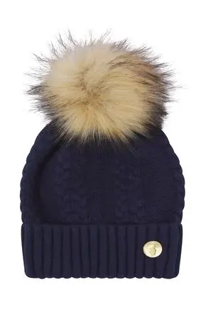 HORTONS ENGLAND Cable Knit Navy Cashmere Pom Pom Hat - Blue