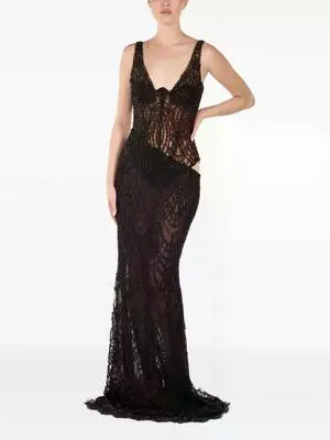 ANDREEA VENECIUC Noire Elise Bead-embellished Lace Maxi Dress