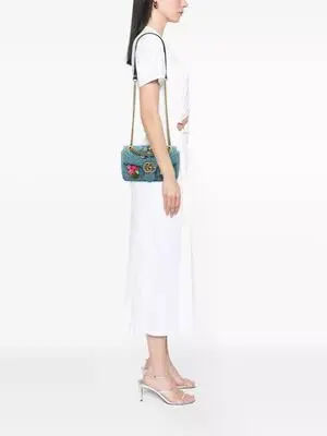 Gucci 2016-2026 Medium Gg Marmont Matelasse Denim Floral Embroidered Shoulder Bag