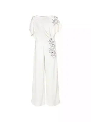 LOODYANA Floral-embroidered Short-sleeve Jumpsuit - White