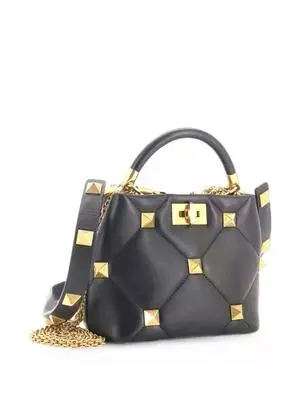 Valentino Garavani Roman Stud Top Handle Bag Quilted Leather Small Satchel - Black