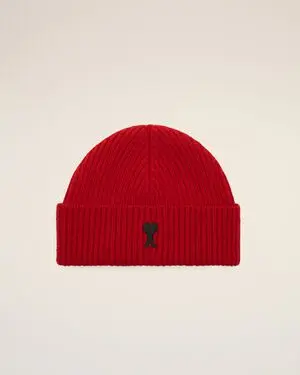 AMI Paris Red Wool Beanie With De Coeur Red - Ruby Red/black