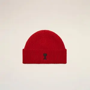 AMI Paris Red Wool Beanie With De Coeur Red