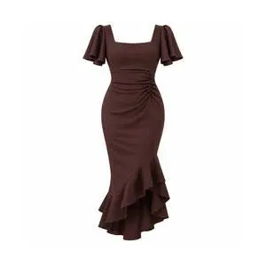 GIRL IN MIND Leona Square Neck Frill Midi Dress - Brown