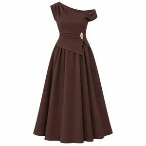 GIRL IN MIND Simran Asymmetric Gold Buckle Midi Dress - Brown