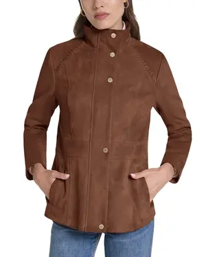 Cole Haan Stand Collar Suede Jacket - Chocolate