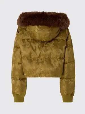 Pinko Quilted Camouflage Print Cropped Bomber Jacket With Shearling Hood