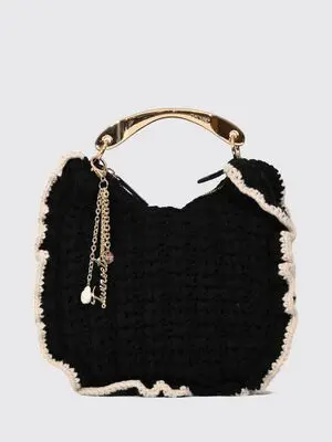 TWINSET Croissant Crochet Handbag With Metallic Handle And Charm - Black