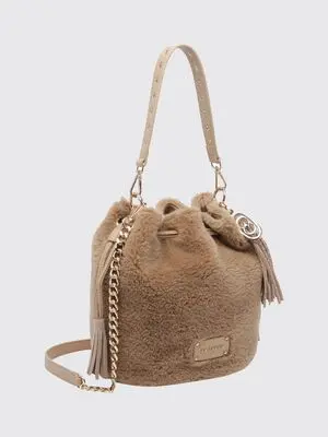 LA CARRIE Faux Fur Shoulder Bag With Drawstring Closure - Beige
