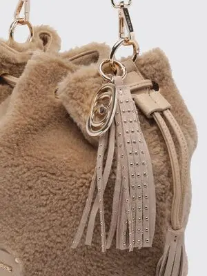 LA CARRIE Faux Fur Shoulder Bag With Drawstring Closure - Beige