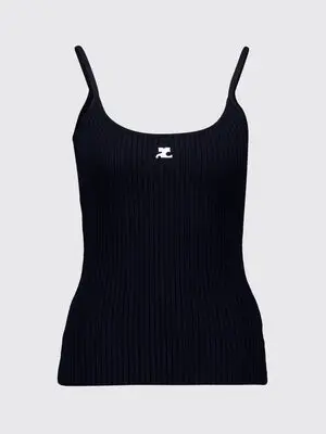 COURREGES Ribbed Jersey Slim Fit Top With Contrasting Embroidered Logo - Blue