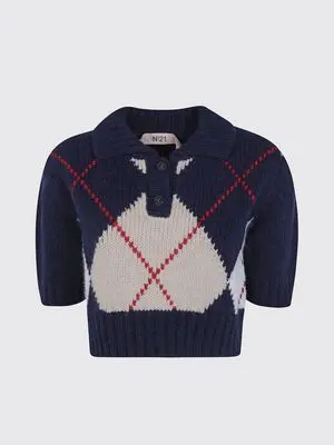 N° 21 Argyle Wool-blend Knit Polo With Puff Sleeves