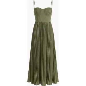 MODENAIRE Pleated Bustier Maxi Dress With Adjustable Straps And Smocked Back - Green