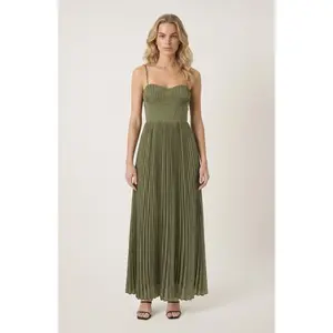 MODENAIRE Pleated Bustier Maxi Dress With Adjustable Straps And Smocked Back - Green