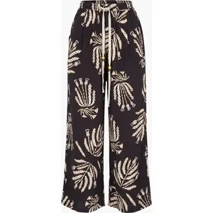 MODENAIRE Botanical Print Wide Leg Pants With Drawstring Waist And Side Pockets - Black
