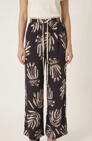 MODENAIRE Botanical Print Wide Leg Pants With Drawstring Waist And Side Pockets