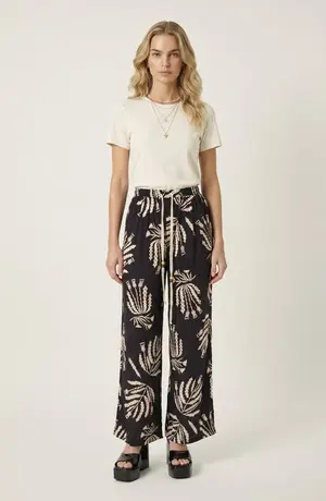 MODENAIRE Botanical Print Wide Leg Pants With Drawstring Waist And Side Pockets