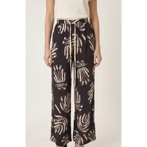 MODENAIRE Botanical Print Wide Leg Pants With Drawstring Waist And Side Pockets - Black
