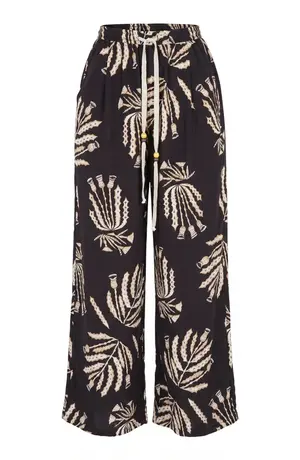 MODENAIRE Botanical Print Wide Leg Pants With Drawstring Waist And Side Pockets