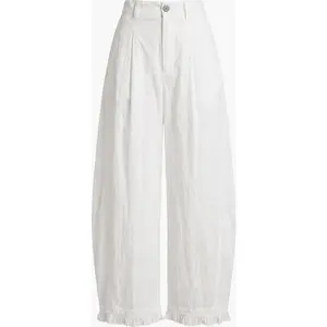 MODENAIRE High Waist Wide Leg Pants With Pleats And Ruffle Trim Hems - White