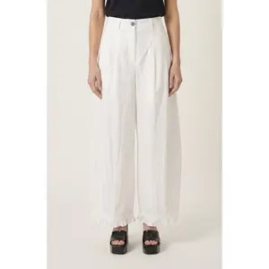 MODENAIRE High Waist Wide Leg Pants With Pleats And Ruffle Trim Hems - White