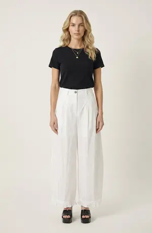 MODENAIRE High Waist Wide Leg Pants With Pleats And Ruffle Trim Hems