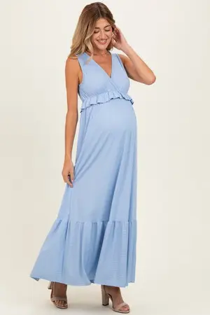 PINKBLUSH Blue Ribbed Sleeveless V-neck Ruffle Tiered Maxi Dress