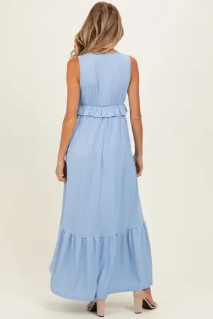 PINKBLUSH Blue Ribbed Sleeveless V-neck Ruffle Tiered Maxi Dress