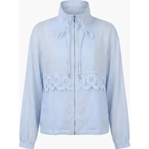 MODENAIRE Lace Inset Zip Front Jacket With Drawstring Collar And Elastic Trim