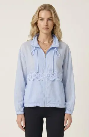 MODENAIRE Lace Inset Zip Front Jacket With Drawstring Collar And Elastic Trim