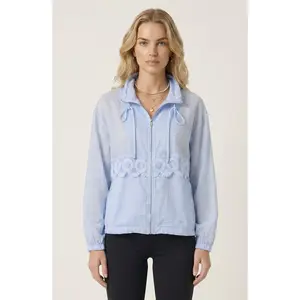 MODENAIRE Lace Inset Zip Front Jacket With Drawstring Collar And Elastic Trim - Blue
