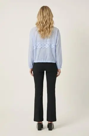 MODENAIRE Lace Inset Zip Front Jacket With Drawstring Collar And Elastic Trim