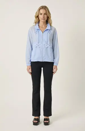 MODENAIRE Lace Inset Zip Front Jacket With Drawstring Collar And Elastic Trim