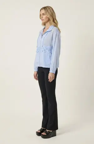 MODENAIRE Lace Inset Zip Front Jacket With Drawstring Collar And Elastic Trim
