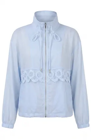 MODENAIRE Lace Inset Zip Front Jacket With Drawstring Collar And Elastic Trim