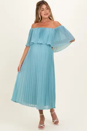 PINKBLUSH Pleated Off Shoulder Flounce Midi Dress