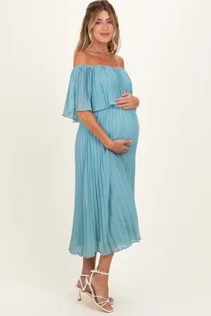 PINKBLUSH Pleated Off Shoulder Flounce Midi Dress