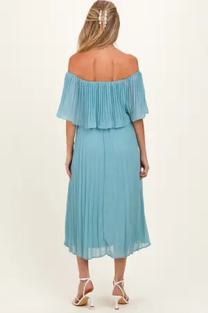 PINKBLUSH Pleated Off Shoulder Flounce Midi Dress